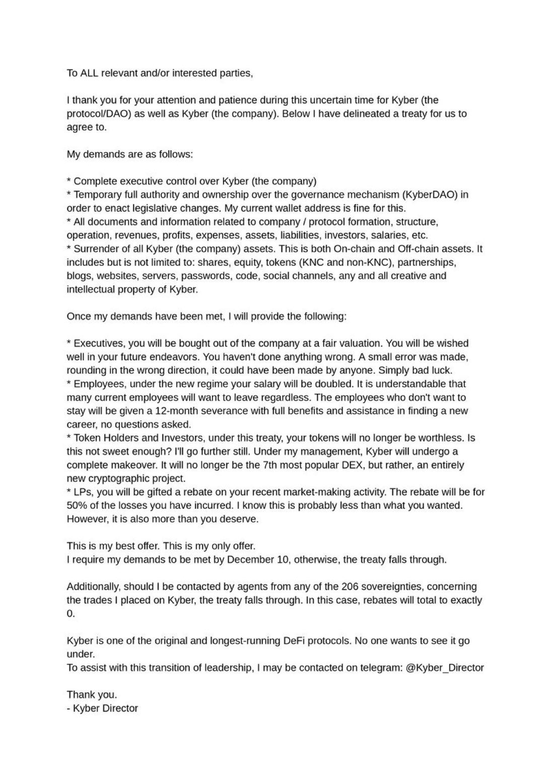 Hacker Demands Control Over Kyber Network Following $46 Million Hack