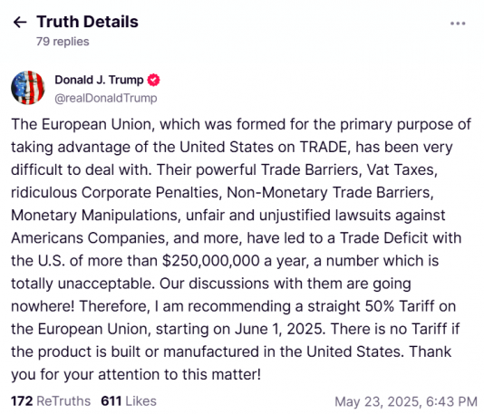 Bitcoin tumbles under $108K after Trump calls for 50% EU tariff