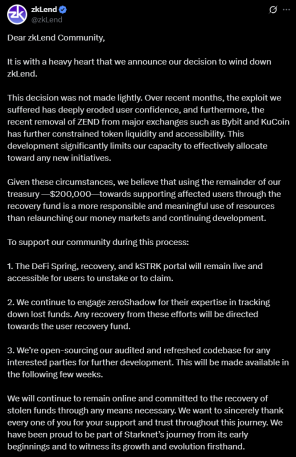 Starknet-based zkLend shuts down following exploit and ZEND token ...