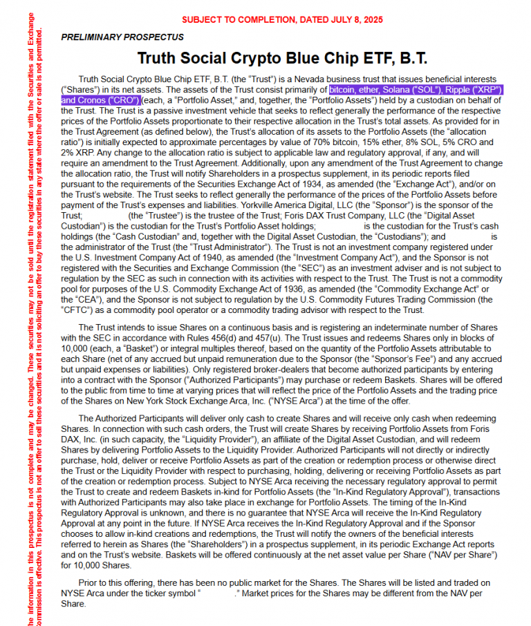 Truth Social files S-1 for Crypto Blue Chip ETF tracking BTC, XRP, SOL